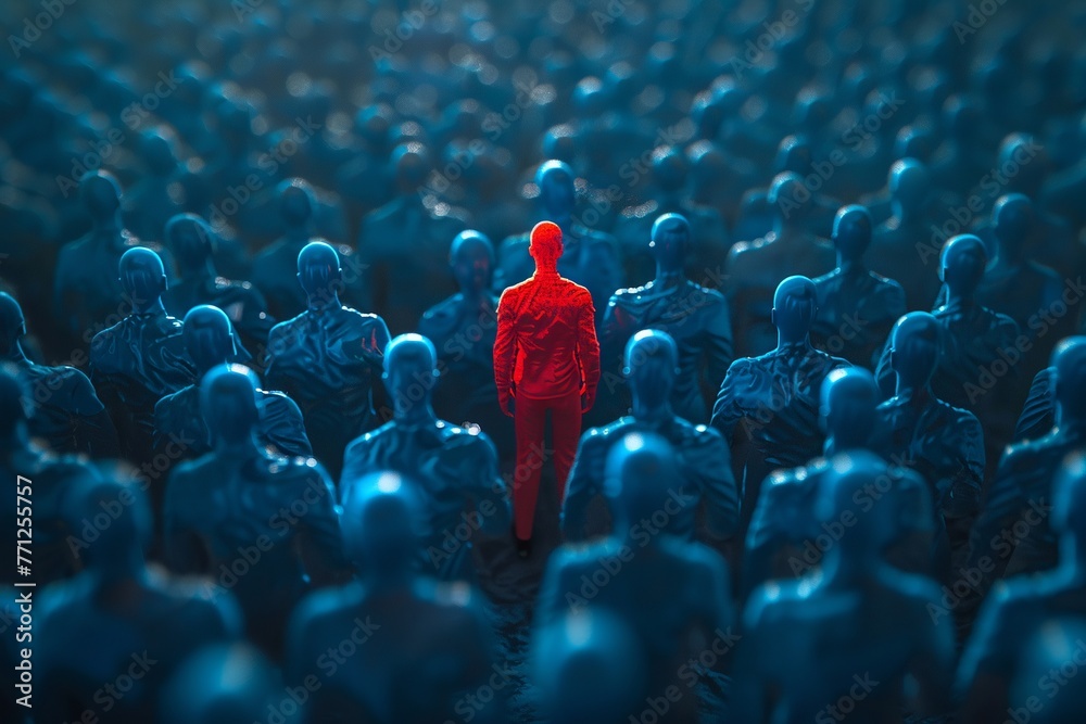 Bright red figure in thinker pose among passive blue figures, strategic ...