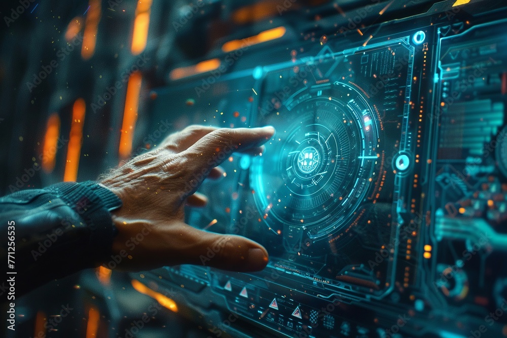 Hand reaching towards digital interface, breakthrough icons and tech ...