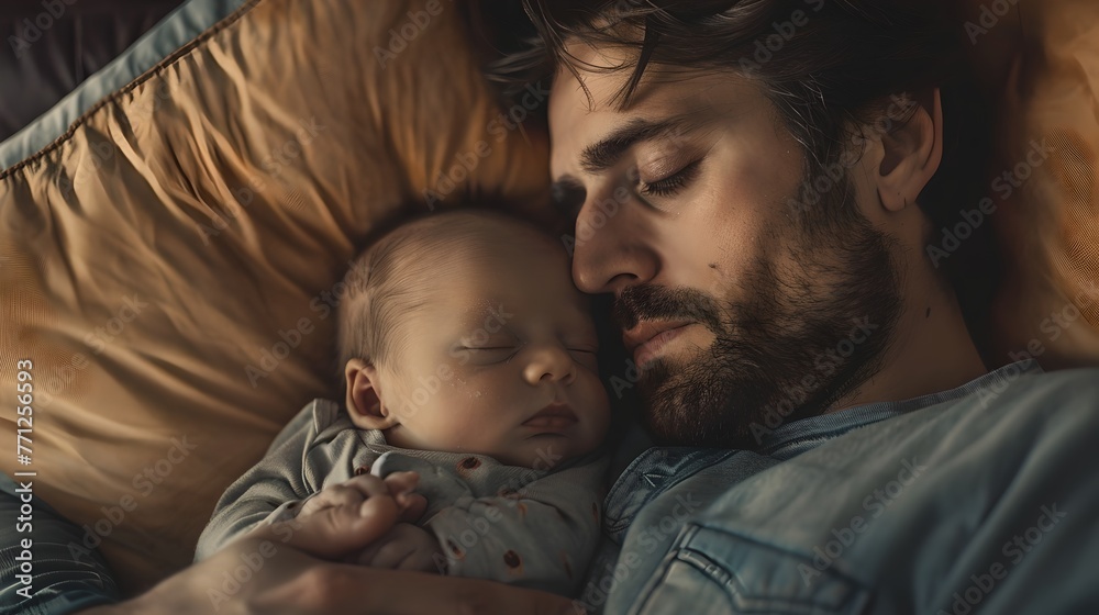 Tender moment between a father and his newborn. Affectionate dad ...