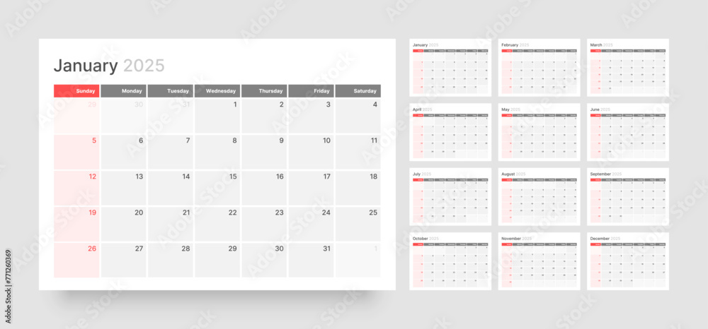 Monthly calendar template for 2025 year. Wall calendar in a minimalist ...