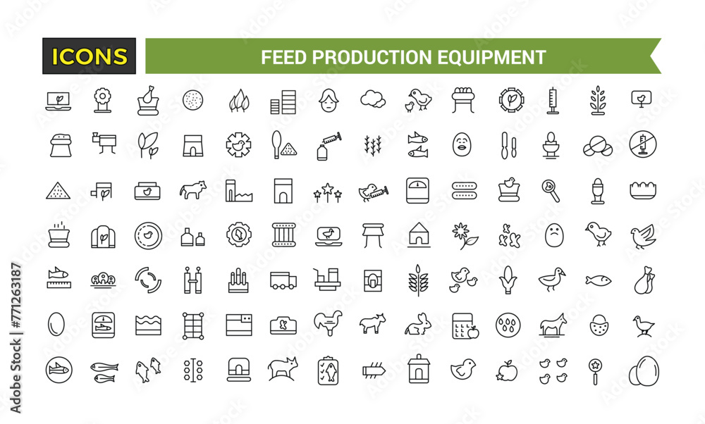 Feed Production Equipment Icon Set, Set Of Compound Feed Plant, Screw ...