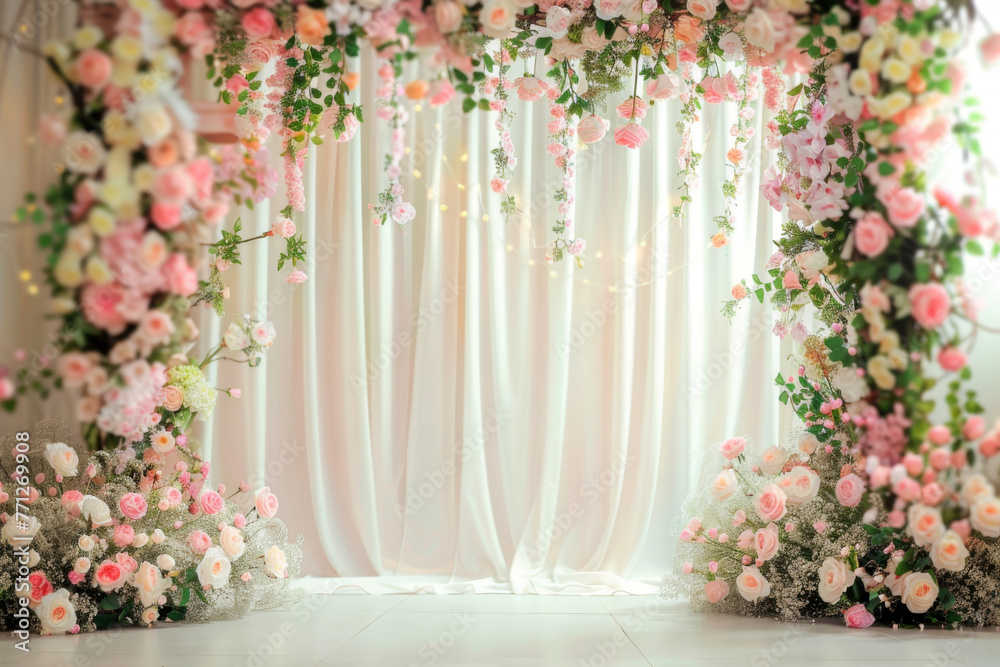 Wedding ceremony background decoration with plant and bouquets flowers ...