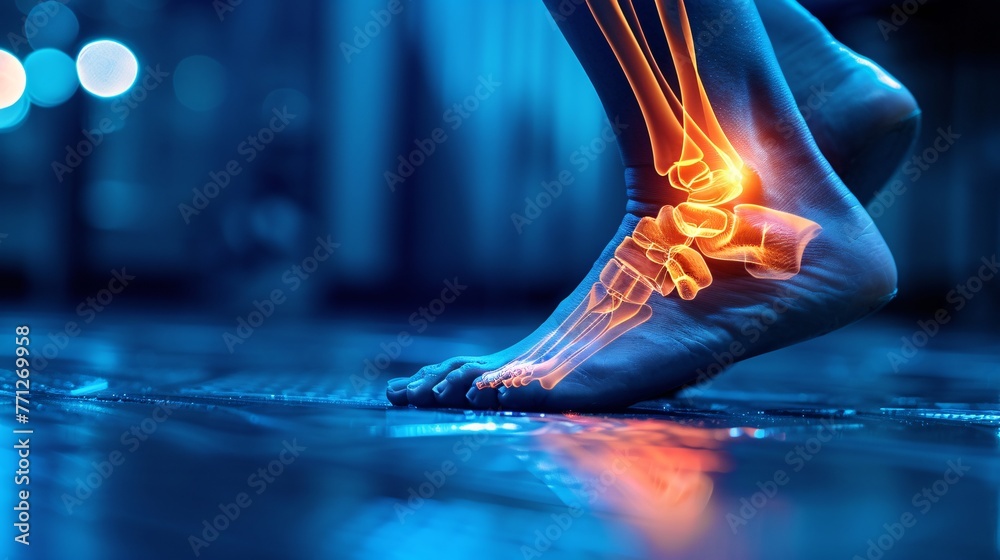 joint diseases, hallux valgus, plantar fasciitis, heel spur. Depicts a ...