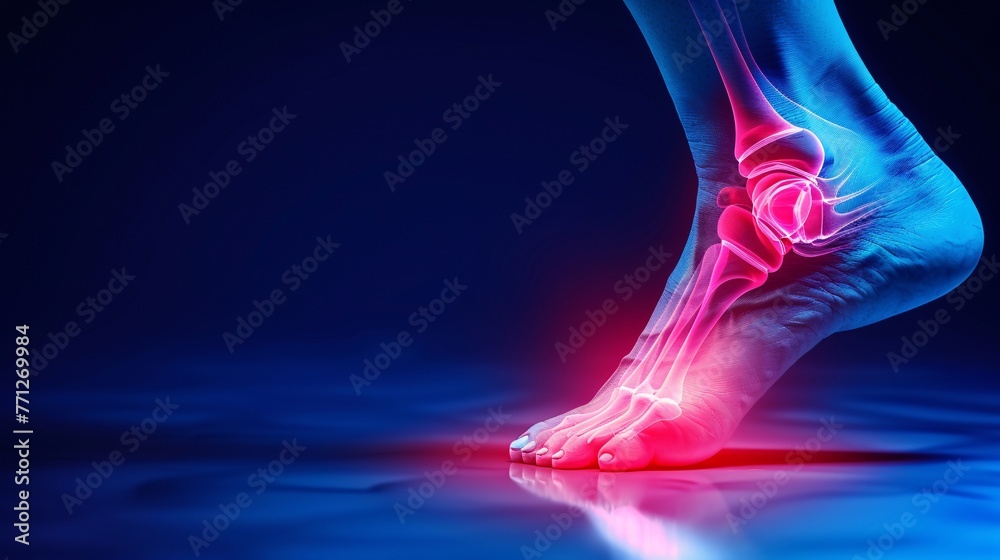 joint diseases, hallux valgus, plantar fasciitis, heel spur. Depicts a ...