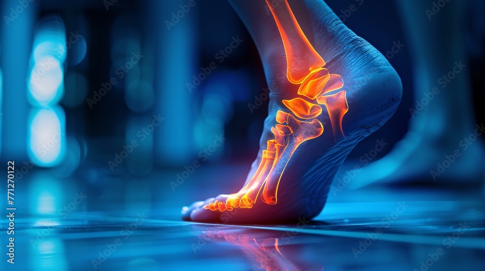 joint diseases, hallux valgus, plantar fasciitis, heel spur. Depicts a ...