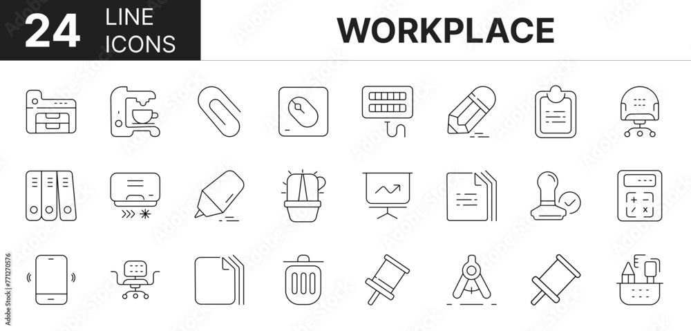 Collection of 24 workplace line icons featuring editable strokes. These ...