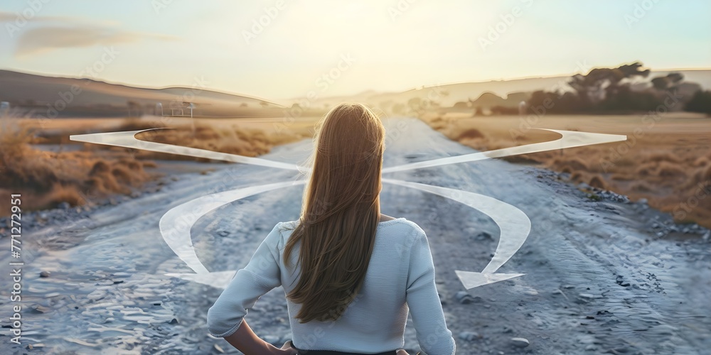 A businesswoman at a crossroads with paths labeled legal jargon and ...