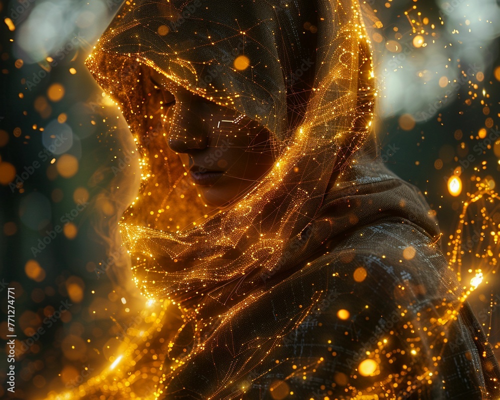 Cyber wizard, cloak of code, conjuring in a virtual reality world ...