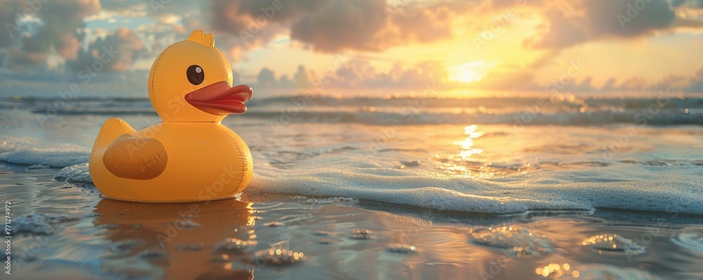 Giant rubber ducky, inflatable pool toy, beach day fun, surreal setting ...