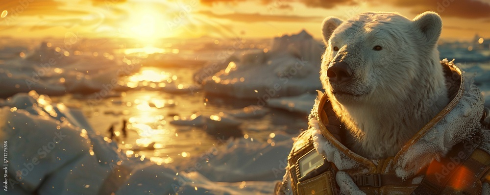 Polar Bear, explorer outfit, brave Arctic explorer on a sled dog ...