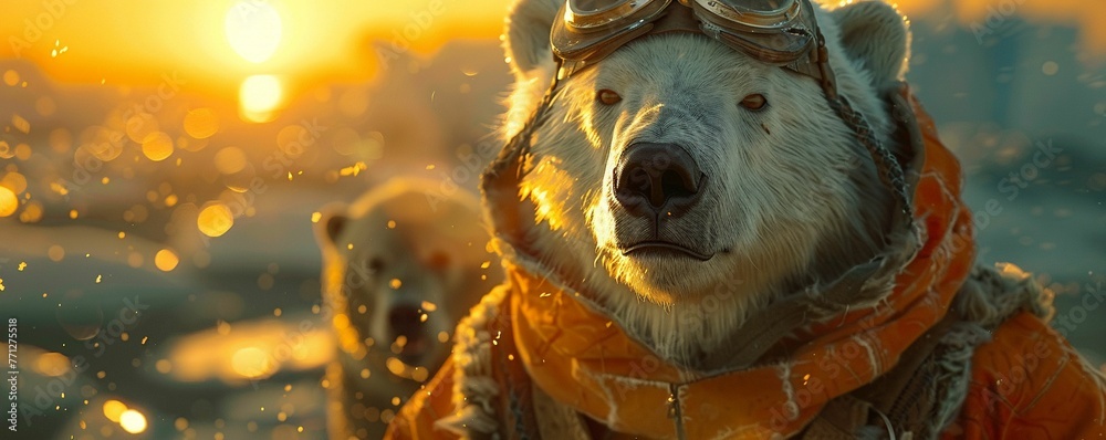 Polar Bear, explorer outfit, brave Arctic explorer on a sled dog ...
