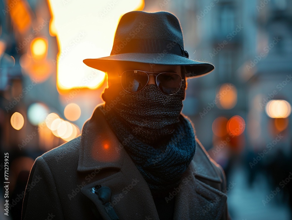 Undercover Spy, Disguise, High-tech gadgets, In a bustling city square ...