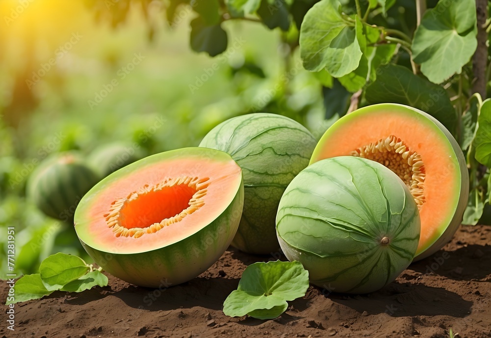 Melon patch under the summer sun, with ripe cantaloupes and honeydews ...