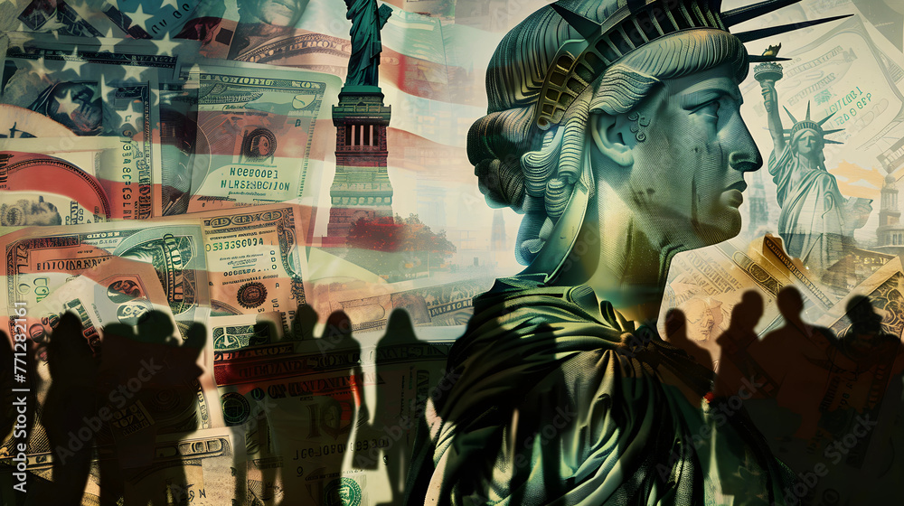 American Economic Struggle: Double exposure blends a crowd of people ...