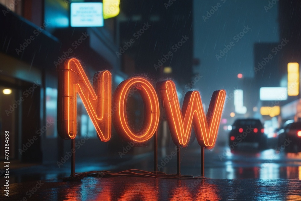 Slogan now neon light sign text effect on a rainy night street ...