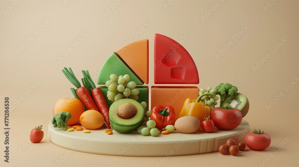 3D clay render pie chart showing healthy food growth isolated on solid ...