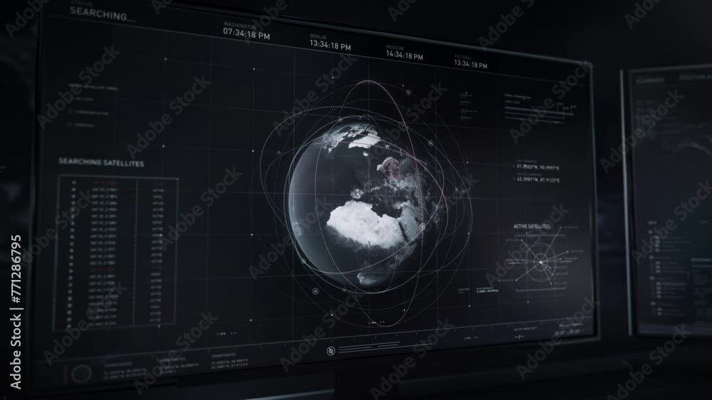 Close-up of a computer monitor. Dark user interface. The secret agents ...