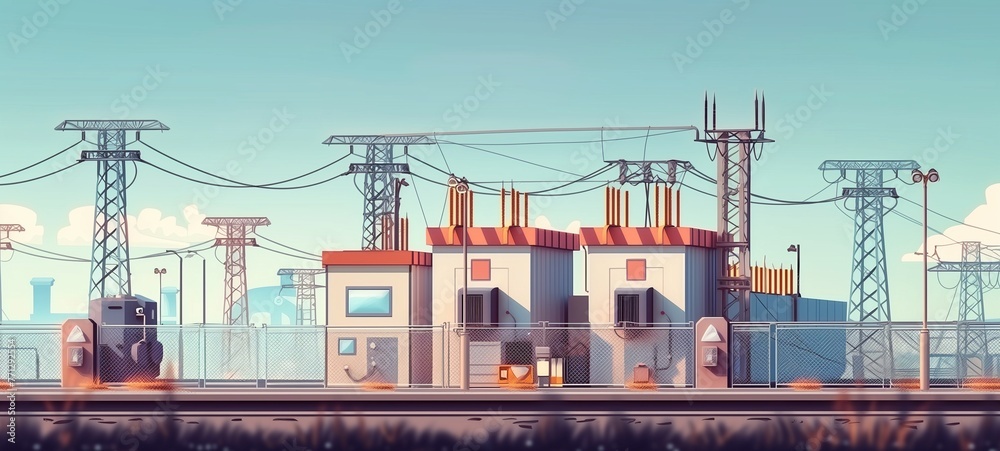 Illustration of a substation with switchgear and a transmission ...