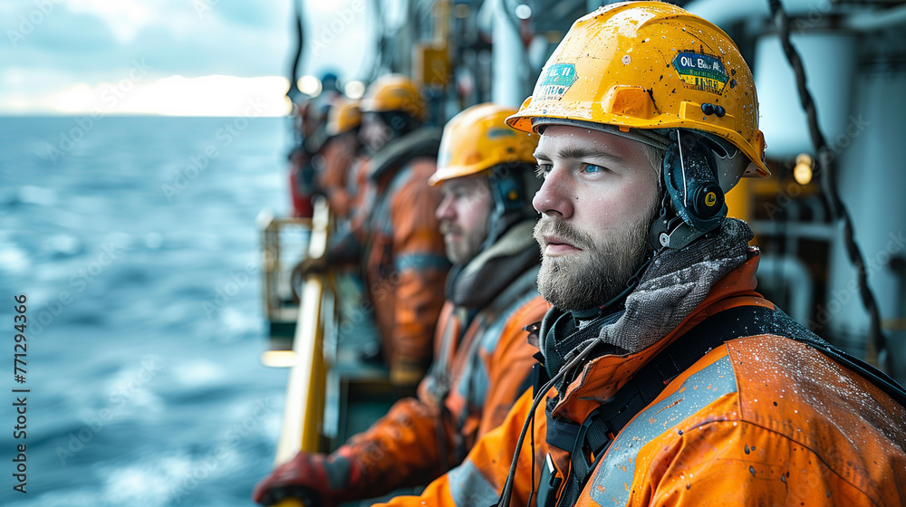 Oil workers, wearing helmets and personal protective equipment, stand ...