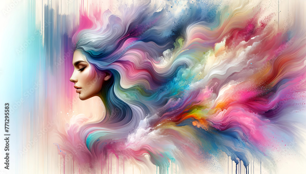 The profile of a woman's face blends seamlessly into a vibrant and ...