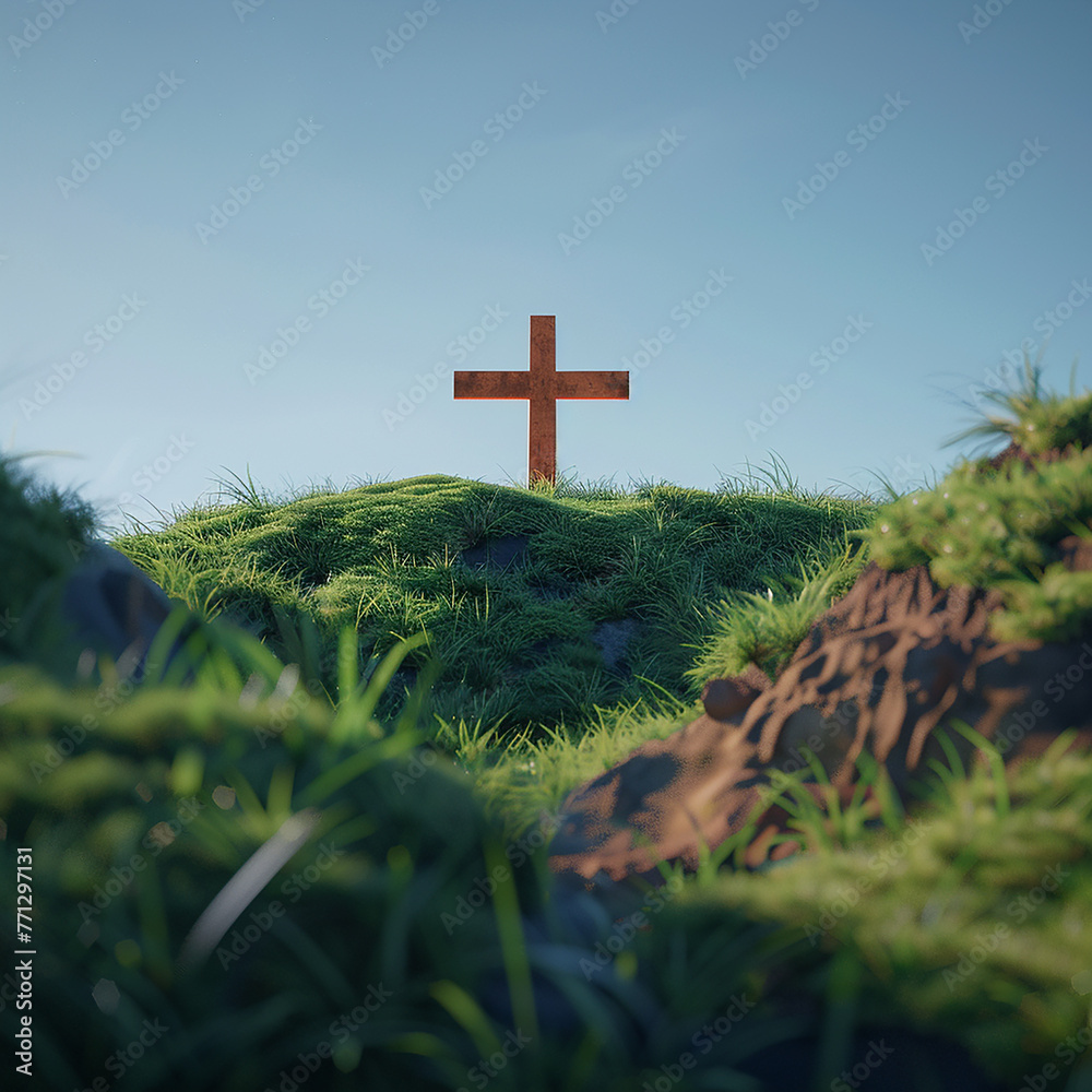 3d rendered photos of a cross with orange details under a hill with ...