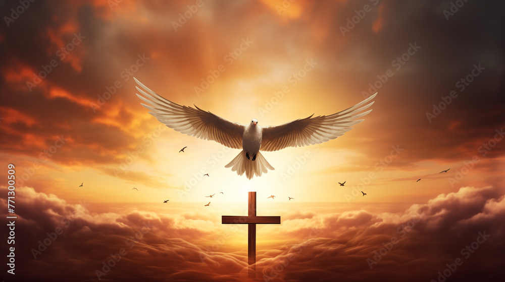 Doves fly in the sky. Christians have faith in Holy Spirit. Silhouette ...