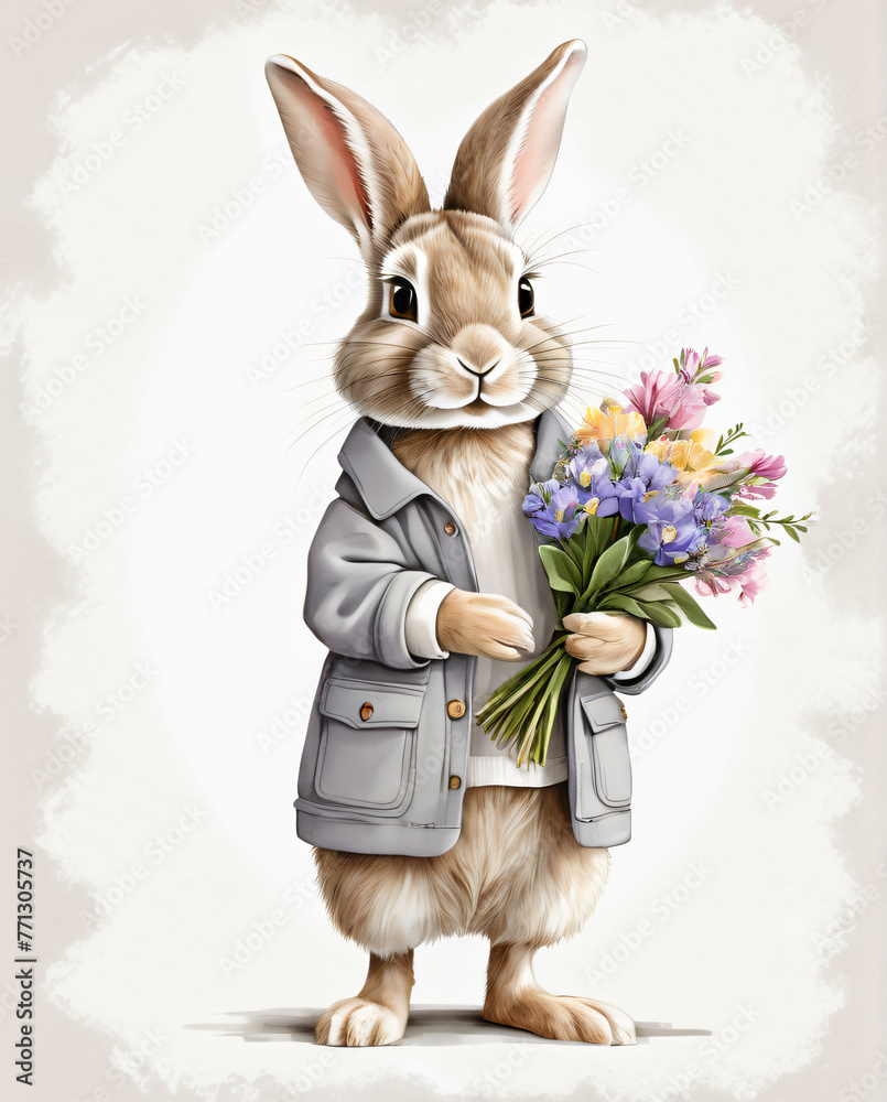 Osterhase mit Blumen - Ein freundlich lächelnder Hase im Anzug hält ...