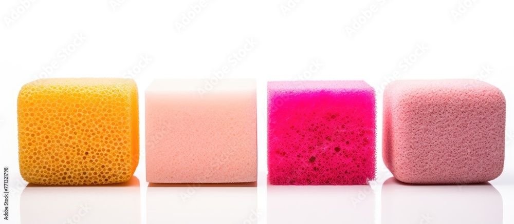 Four bath sponges of different shapes and colors are neatly arranged in ...