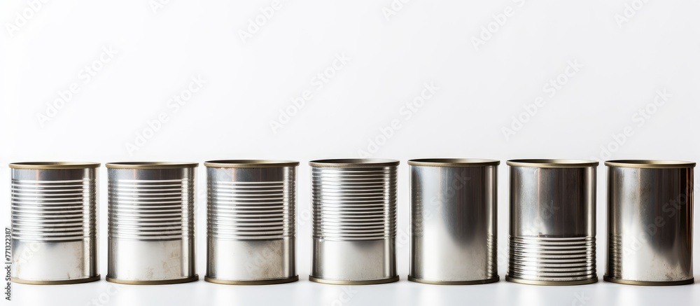 Arranged together are six metal containers, creating a uniform display ...