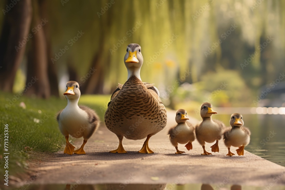 Family of ducks following their owner in a scenic park Stock ...