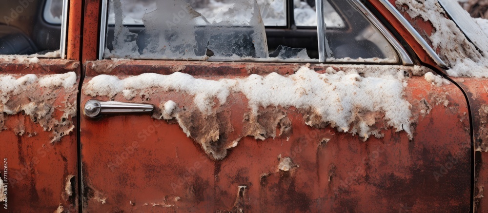 Rusty driver's door sills and corrosion of the body of a red old car ...