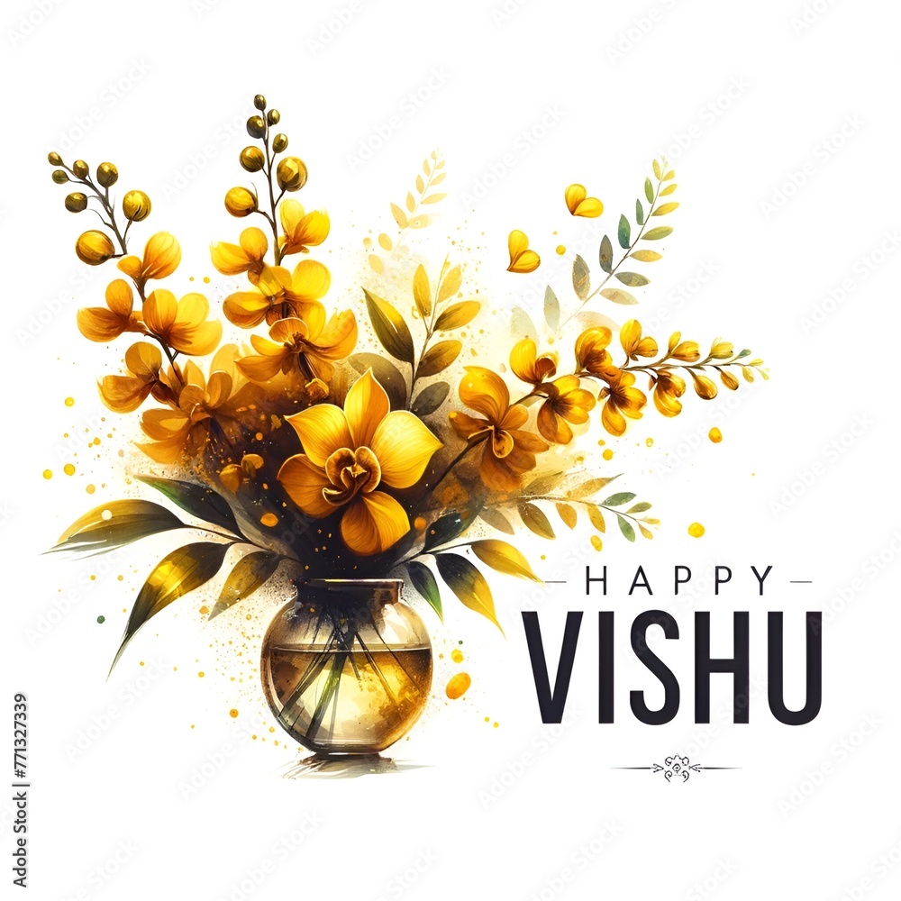 Vishu card illustration in watercolor style with yellow konna flowers ...