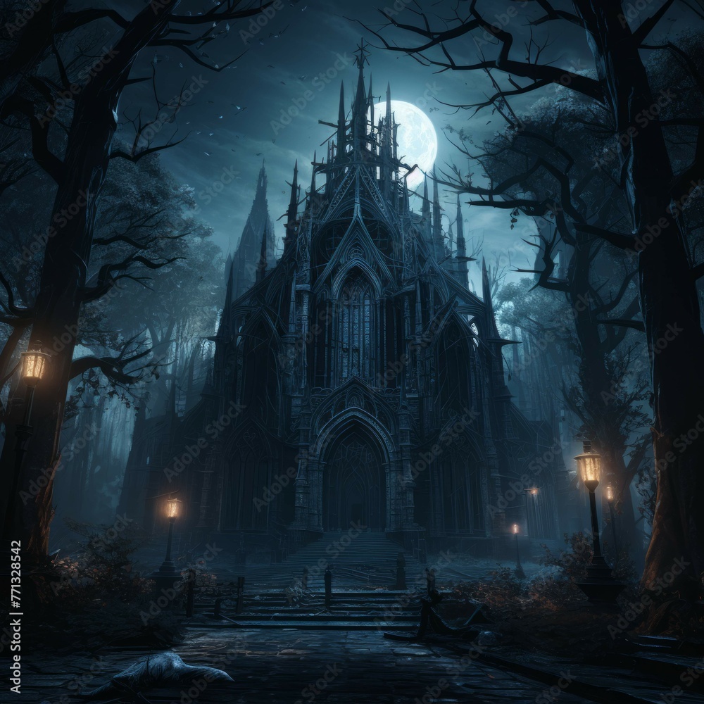 Gothic cathedral at night with moonlight and stained glass Stock ...