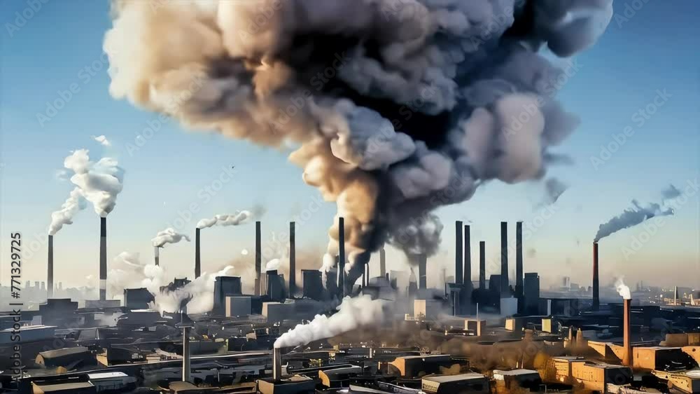 Factories with many pipes and large clouds of smoke billowing from the ...
