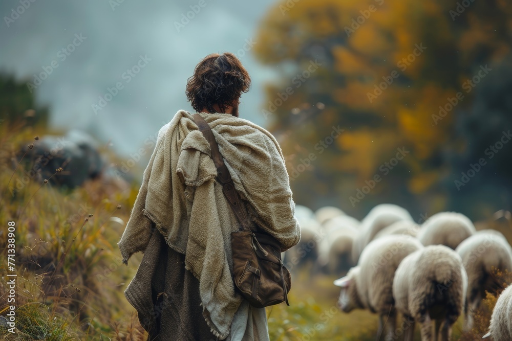 Jesus Christ The Shepherd in the middle of nature looking for and ...
