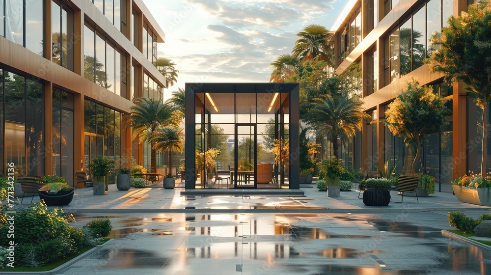 Office building exterior, showing multiple small office pods with sharp ...