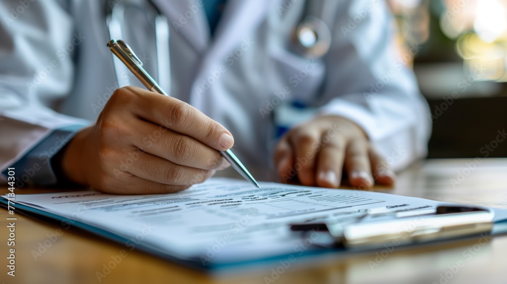Doctor Writing Medical Notes on Clipboard. Doctor's focused hands write ...