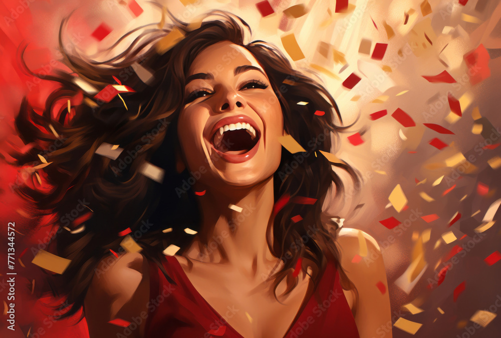 A woman smiles while seeing confetti falling in front of her, her red ...