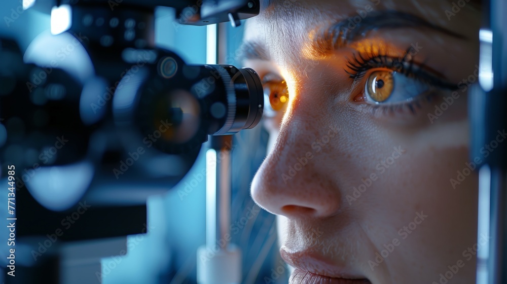 Patient Undergoing Eye Exam with Advanced Ophthalmic Equipment. Close ...