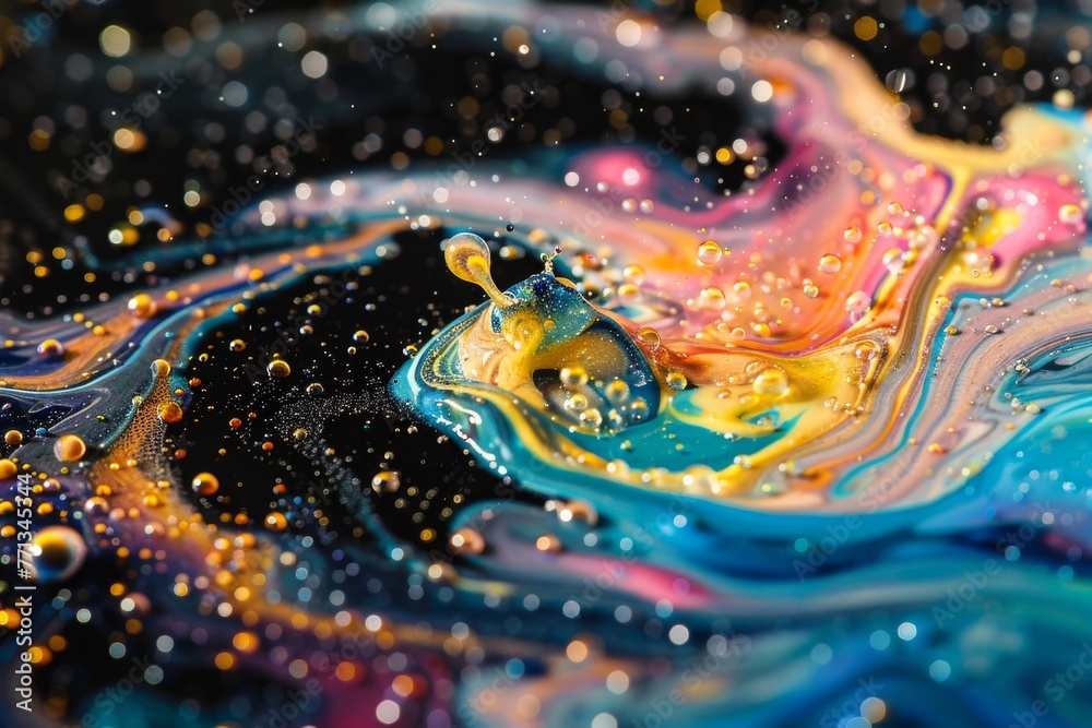 Colorful paint swirls and droplets on surface. This image captures a ...