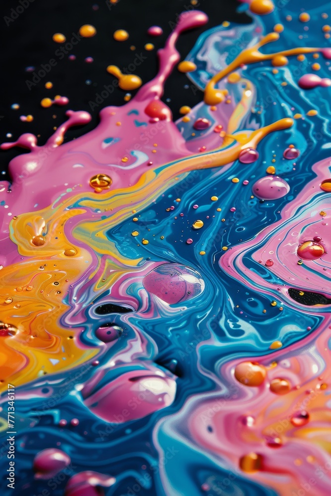 Colorful paint swirls and droplets on surface. This image captures a ...