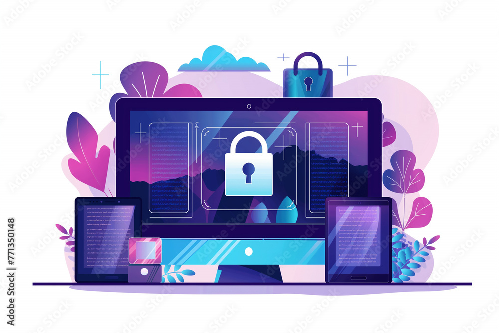 Laptop monitors and personal information are not disclosed to the public. Cyber security concept ...