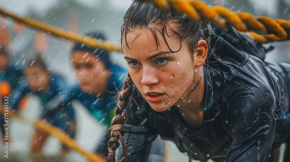 Determined Woman Overcoming Obstacles in Rain. Resilient young woman ...