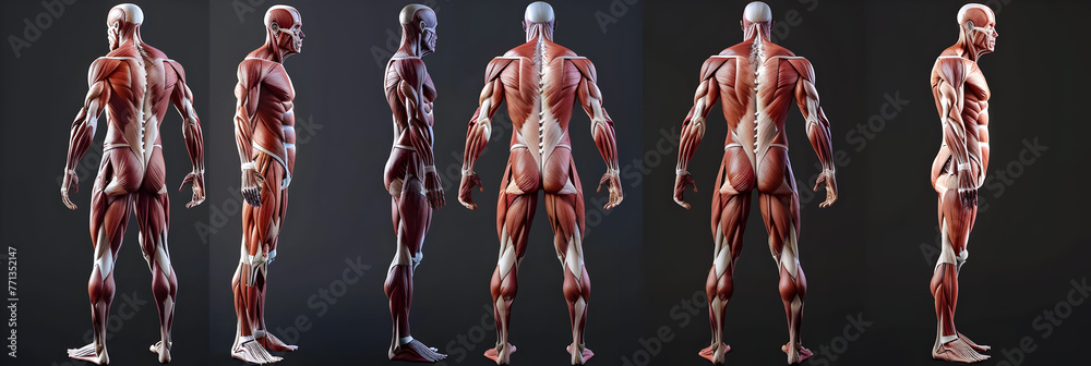 3D render of male figures pose with skin and muscle map on dark ...