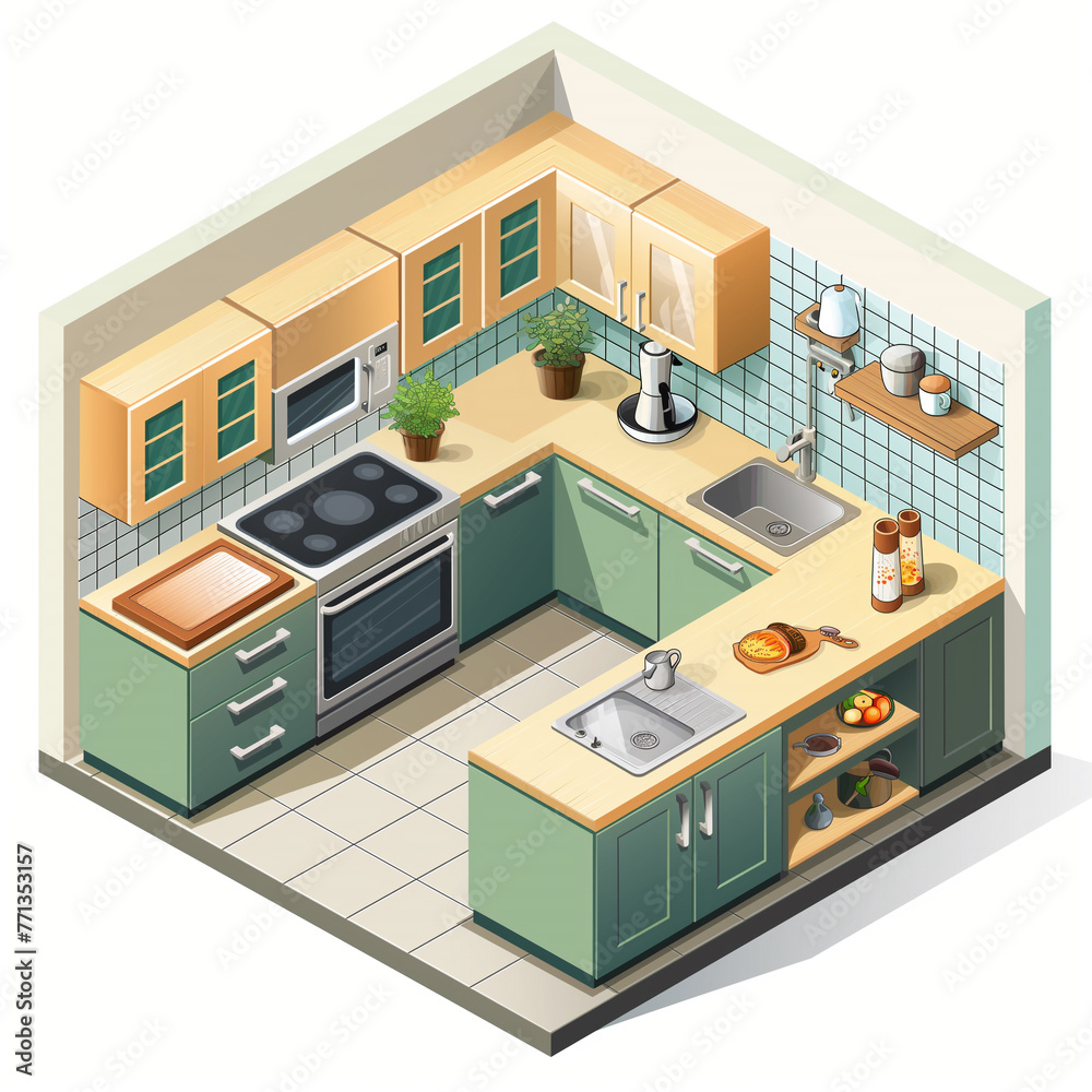 Isometric interior composition of single kitchen. Isometric interior ...