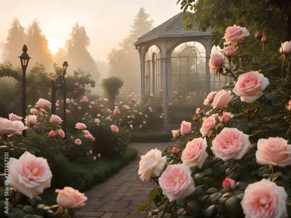 An old-fashioned rose garden at dawn, where the heavy scent of blooming ...