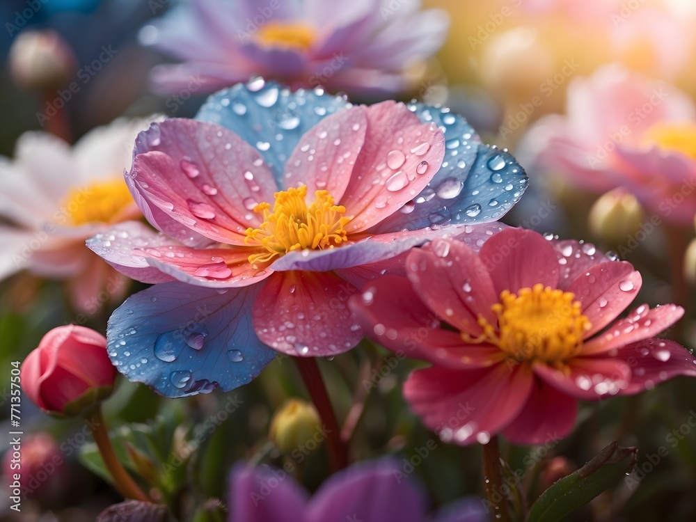 Early spring morning in a flower garden, with dew on the petals, a ...