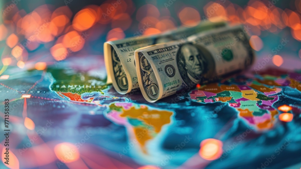 Currency exchange and money transfer concept with world map and ...
