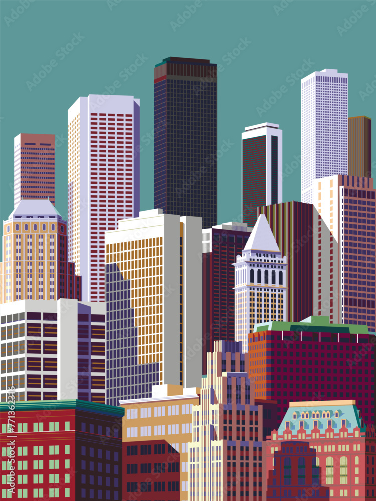 Cityscape overlooking high-rise corporate buildings in the commercial ...
