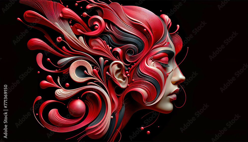 A surreal profile of a female figure is drawn, made up of swirling red ...